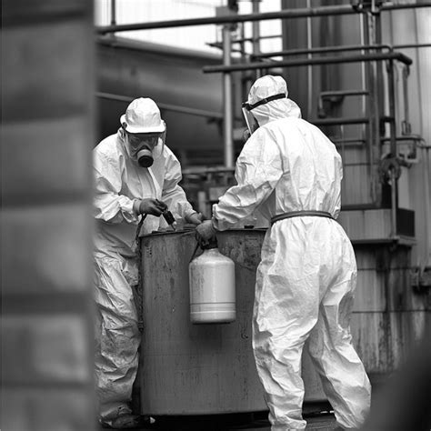 Workers In Protective Gear Handling And Transferring Raw Chemical Materials Premium Ai