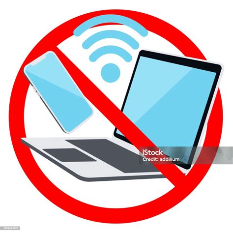 휴대폰 노트북 및 Wifi에 대한 금지 아이콘 디지털 디톡스 개념 네트워크 금지 빨간색 기호입니다 금지된 모바일 장치 서명 벡터 일러스트 레이 션입니다 금지됨에 대한 스톡