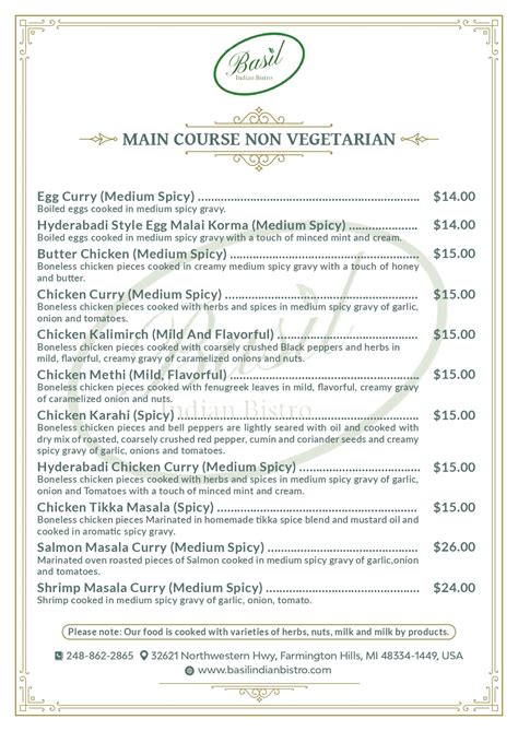 Basil Menu Basil Indian Bistro