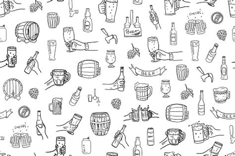 맥주와 스낵으로 완벽 한 패턴 낙서 스타일 맥주 한 잔 맥주가 담긴 머그잔 통 피스타치오 가재 베이컨 생선 고기 스테이크 소시지 Strong Beer Season에 대한