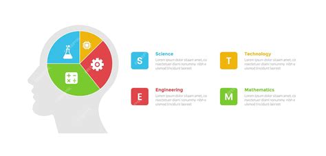 스테임 교육 인포그래픽 템플릿 다이어그램은 슬라이드 프레젠테이션을 위한 4점 단계 디자인과 함께 인간의 머리에 파이 차트입니다 프리미엄 벡터
