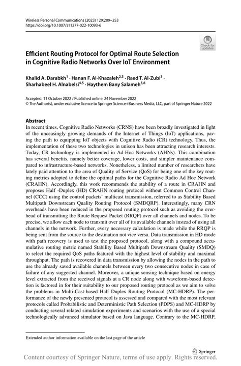 efficient routing protocol for optimal route selection in cognitive radio networks over iot