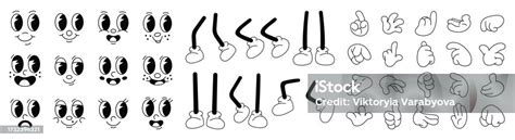 70년대 그루비한 코믹 얼굴 벡터 세트 만화 캐릭터 얼굴 다리 행복 화남 슬픔 쾌활한 다양한 감정의 손 모음 귀여운 복고풍 그루비 히피 일러스트레이션 장식 스티커 스티커에