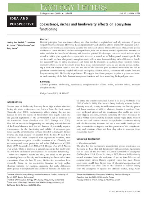 Pdf Coexistence Niches And Biodiversity Effects On Ecosystem