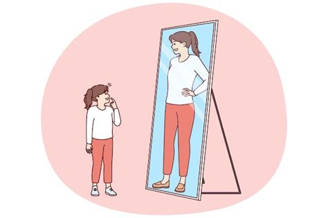 Ein Kleines Mädchen Schaut In Den Spiegel Sieht Das Spiegelbild Einer