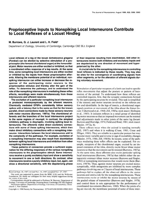 Pdf Proprioceptive Inputs To Nonspiking Interneurons Contribute To Local Reflexes Of A Locust