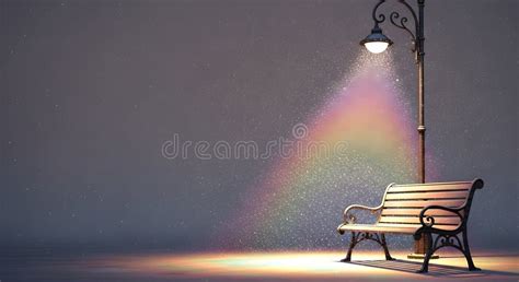 Lonely Park Bench Illuminated By A Streetlamp Casting A Magical Rainbow