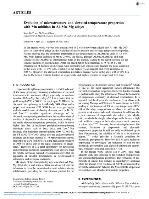 Pdf Evolution Of Microstructure And Elevated Temperature Properties With Mn Addition In Almn