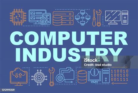 컴퓨터 산업 단어 개념 배너 정보 기술 및 전자 제품 프리젠 테이션 웹 사이트 선형 아이콘과 격리 된 문자 타이포그래피 아이디어