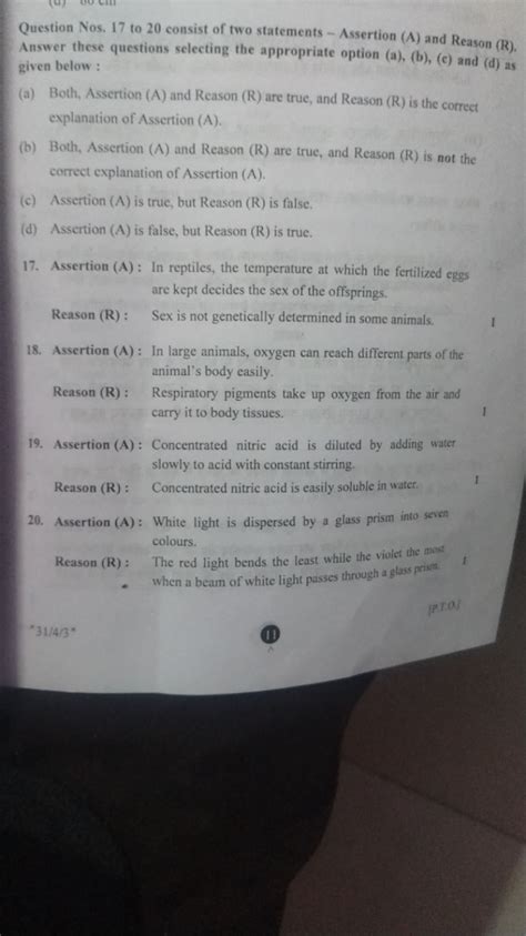 Question Nos 17 To 20 Consist Of Two Statements Assertion A And Reas