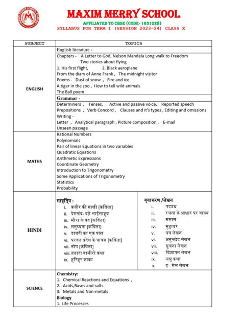 Class X Syllabus For Term I Pdf Equations English Language