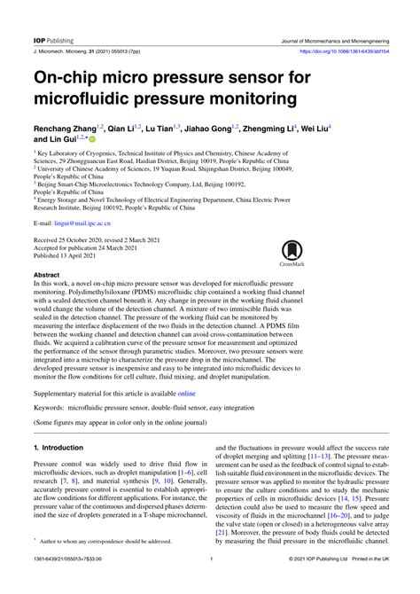 Pdf On Chip Micro Pressure Sensor For Microfluidic Pressure Monitoring