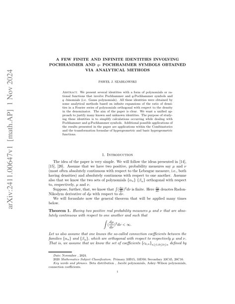 Pdf A Few Finite And Infinite Identities Involving Pochhammer And Q Pochhammer Symbols