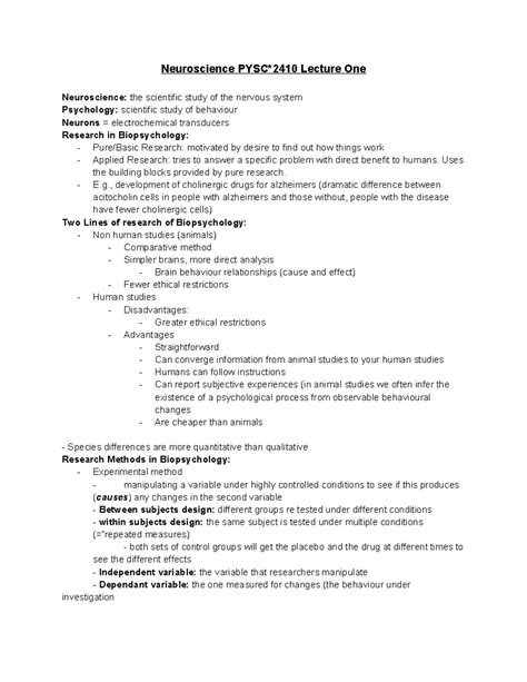 Psyc2410 Lec One Lecture One Notes Neuroscience Pysc2410 Lecture One Neuroscience The