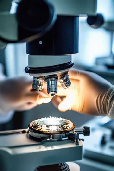 Scientist Adjusting Microscope Examining Sample In Laboratory Stock