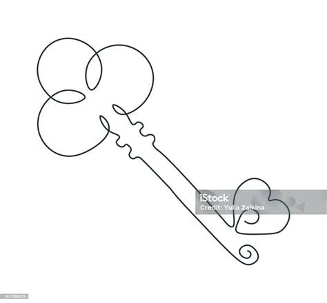 하나의 연속 라인에 심장이 있는 열쇠 하나의 선 그리기 선 아이콘입니다 오래된 열쇠 마음에서 우러나오는 은유의 열쇠 흰색 격리된 배경에 간단한 낙서 그림 개념에 대한 스톡