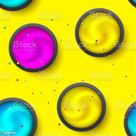 벡터 Holi 축제 원활한 패턴 화장품 분말 플랫 레이 노란색 배경에 잉크 크림 폭발이 튀는 배너 힌두교 둘란디 랑판차미 카드 먼지 액체 유체 출시 가리기에 대한 스톡 벡터