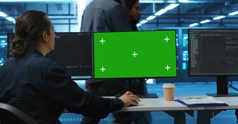 It Expert Supervising Data Center Supercomputers Using Mockup Computer Monitor Technology Stock