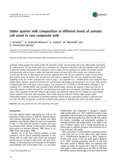 Pdf Udder Quarter Milk Composition At Different Levels Of Somatic