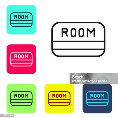 흰색 배경에 격리 된 객실 아이콘에서 블랙 라인 호텔 키 카드 액세스 제어 터치 센서 시스템 안전 보호 색상 정사각형 단추로 아이콘을 설정합니다 벡터 가정의 방에 대한 스톡