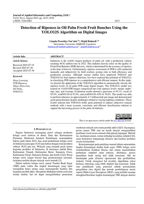 Pdf Detection Of Ripeness In Oil Palm Fresh Fruit Bunches Using The Yolo12s Algorithm On