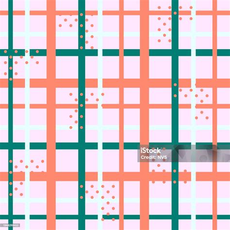 테라 코타 오렌지 옅은 분홍색 배경에 녹색으로 부드러운 톤의 스트라이프와 물방울 무늬가있는 체크 무늬 벡터 매끄러운 패턴 파스텔 트렌디 한 색상 지오메트리 현대 벽지 디자인