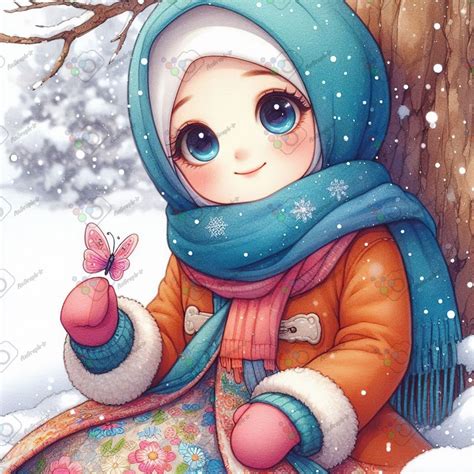 بک گراند کودکانه دختر ناز با حجاب و پروانه کوچک در روز برفی کد 43554