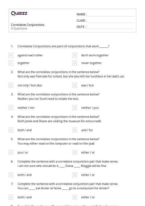 Correlative Conjunctions Worksheets For Th Class On Quizizz Free Printable