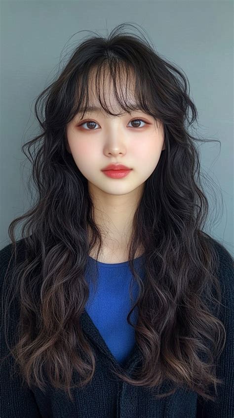 긴 웨이브 머리와 앞머리 곱슬머리를 웨이브 스타일링을 한 아시아 소녀의 사진 그녀는 검은색 스웨터 아래 파란색 셔츠를 입고 있으며 귀엽고 젊은 얼굴에 가벼운 메이크업을