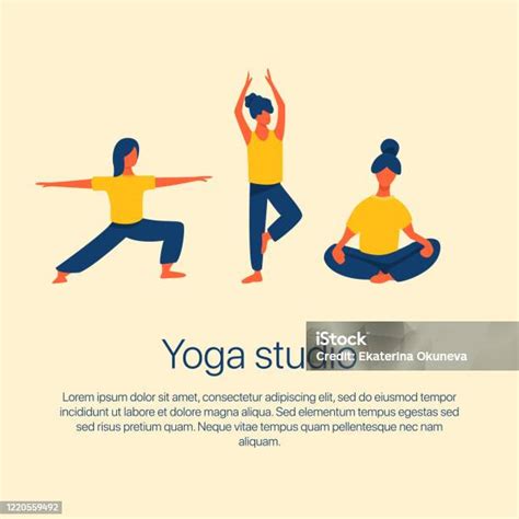 여자 스트레칭 및 텍스트 공간 요가 벡터 평면 그림을하고 요가 스튜디오 활동적인 레크리에이션 건강한 라이프 스타일 필라테스 카드 디자인 균형에 대한 스톡 벡터 아트 및 기타
