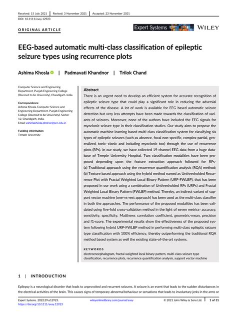 Eeg Based Automatic Multi‐class Classification Of Epileptic Seizure Types Using Recurrence Plots