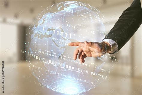 Multi Exposure Of Developers Hand Working With Abstract Programming