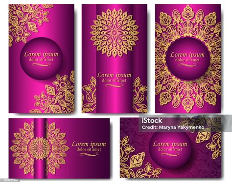 보라색 배경에 황금 만다라 금색 민족 장식품이 있는 5개의 호화로운 배경 세트 엽서 표지 라벨 포장 명함 디자인의 동양 패턴 0명에 대한 스톡 벡터 아트 및 기타 이미지