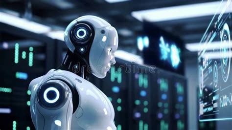 robot head looking at data server screen in futuristic technology lab