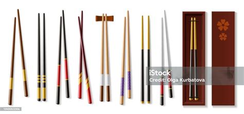 사실적인 젓가락 아시아 식기 전통 일본 또는 중국 나무 칼 고립 된 스시 푸드 스틱 쌍 스탠드 및 보관 상자 벡터 동양 주방 식기 세트 젓가락에 대한 스톡 벡터 아트 및