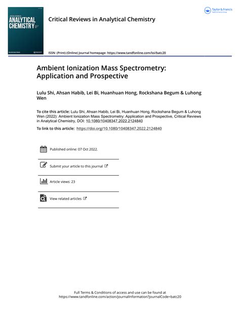 Pdf Ambient Ionization Mass Spectrometry Application And Prospective