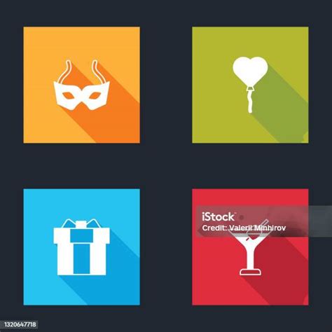 축제 마스크 하트 선물 상자와 마티니 유리 아이콘의 형태로 풍선을 설정합니다 벡터 검은색에 대한 스톡 벡터 아트 및 기타 이미지 검은색 공휴일 그림자 Istock