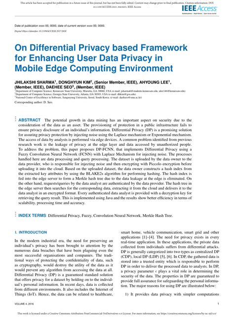 PDF On Differential Privacy Based Framework For Enhancing User Data Privacy In Mobile Edge