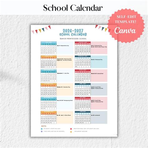2026 2027 School Calendar Danish Montessori Self Edit Canva Template