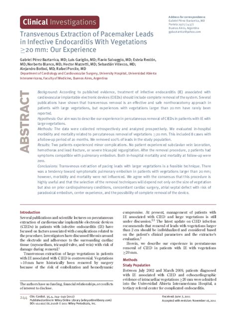 Pdf Transvenous Extraction Of Pacemaker Leads In Infective Endocarditis With Vegetations ≥20