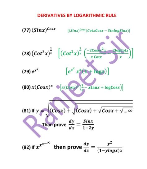 Derivative Class Xii Most Important Questions