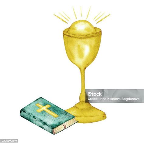 수채화 삽화 가톨릭 종교적 상징 성배와 성경은 흰색 배경에 분리되어 있습니다 첫 영성체 결혼식 바프리즘 인사말 카드 초대장 손으로 그린 성찬식에 대한 스톡 벡터 아트 및