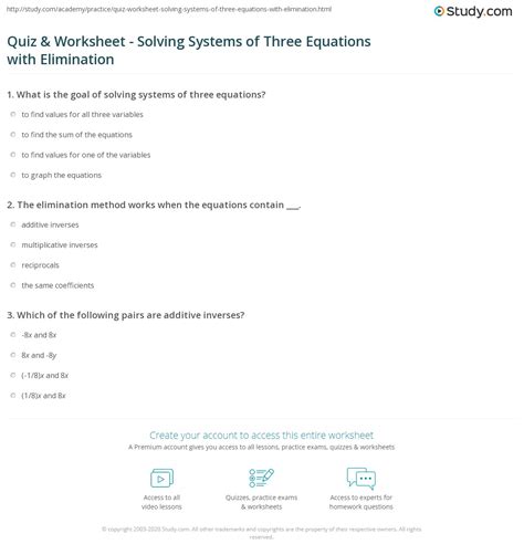 Quiz And Worksheet Solving Systems Of Three Equations With Elimination