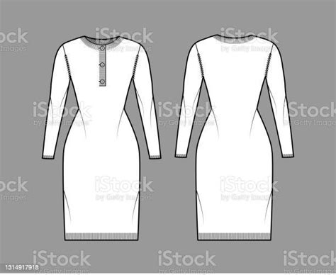드레스 스웨터 헨리 넥 기술 패션 일러스트와 긴 소매 슬림 핏 무릎 길이 리브 니트 트림 플랫 0명에 대한 스톡 벡터 아트 및 기타 이미지 Istock