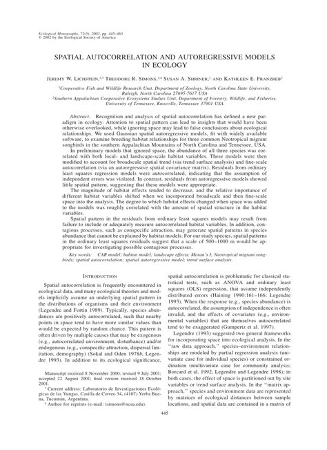Pdf Spatial Autocorrelation And Autoregressive Models In Ecology