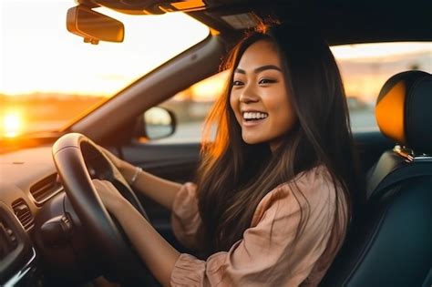 Premium Photo Generative Ai Happy Female Driver Driving A Car