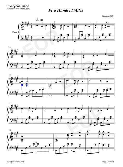 Five Hundred Miles 500 Miles 醉乡民谣主题曲 钢琴谱文件（五线谱、双手简谱、数字谱、midi、pdf）免费下载