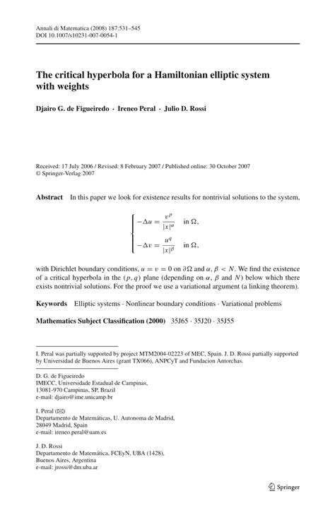 Pdf The Critical Hyperbola For A Hamiltonian Elliptic System With Weights