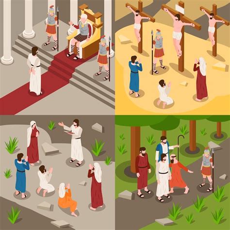 종교와 역사 기호 아이소 메트릭 격리 된 벡터 일러스트 레이 션 설정 예수 생활 개념 아이콘 프리미엄 벡터