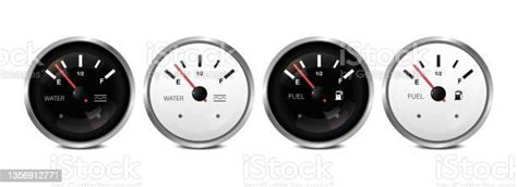 벡터 3d 사실적인 흑백 원 가스 연료 탱크 센서 흰색 배경에 격리에 설치된 물 오일 연료 레벨의 아이콘입니다 자동차의 대시 보드의 세부 사항 연료 표시 가솔린에 대한 스톡